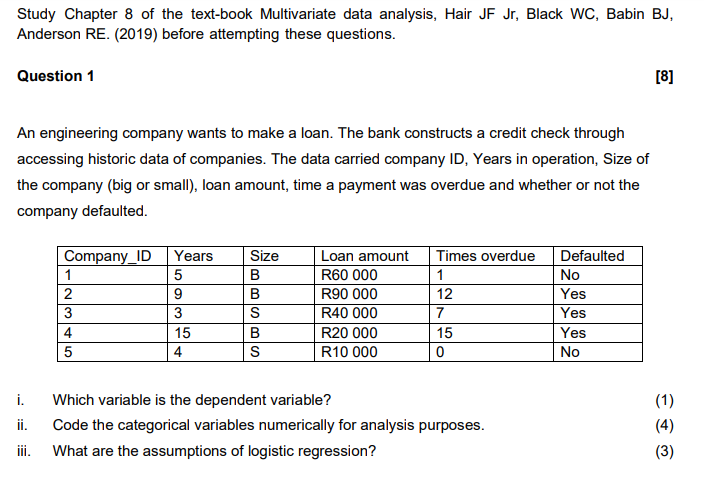 Solved Study Chapter 8 of the text-book Multivariate data | Chegg.com
