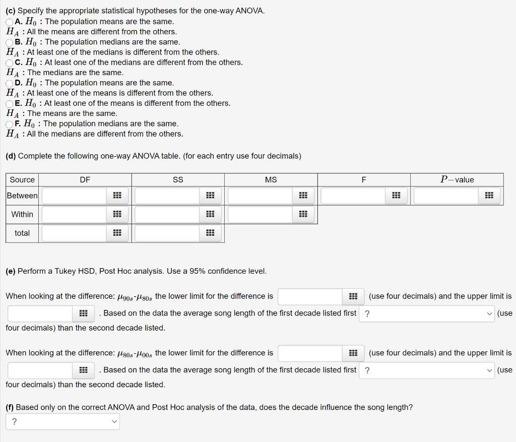 (1 point) Does average song length change from decade | Chegg.com