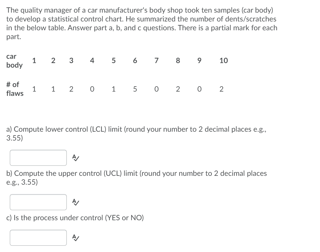 Solved The quality manager of a car manufacturer's body shop | Chegg.com