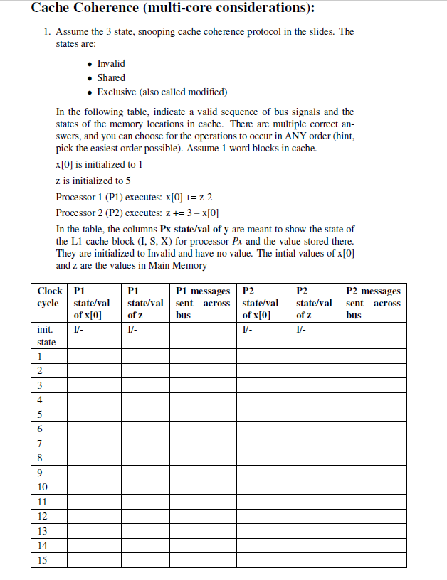 Cache Coherence (multi-core considerations): 1. | Chegg.com