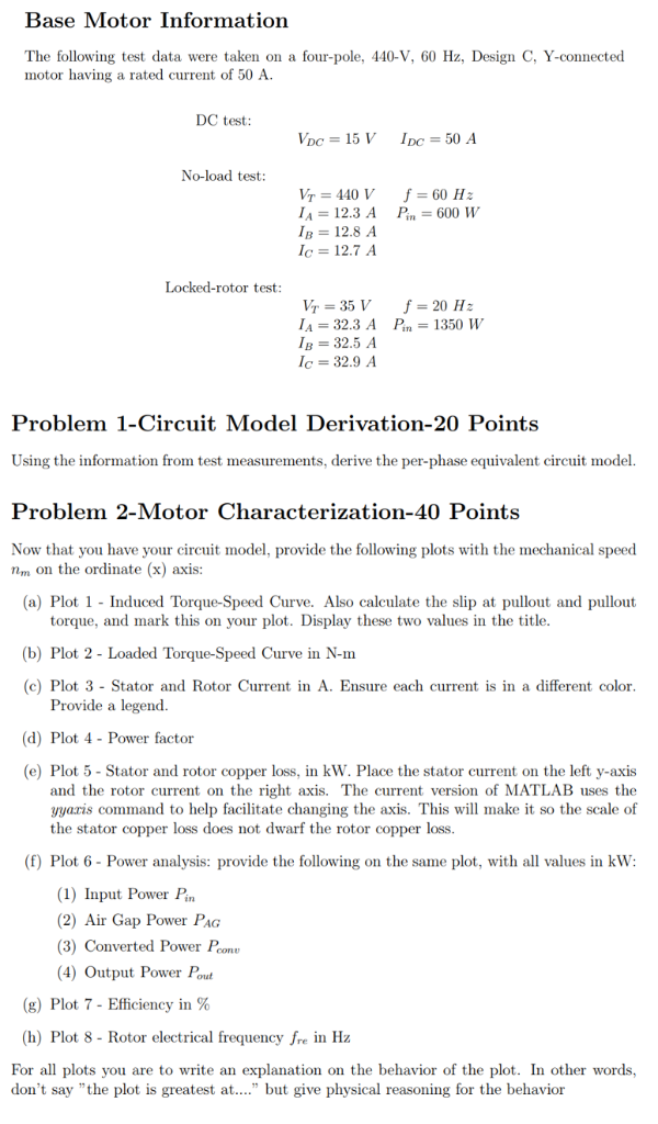 Solved Base Motor Information The following test data were | Chegg.com