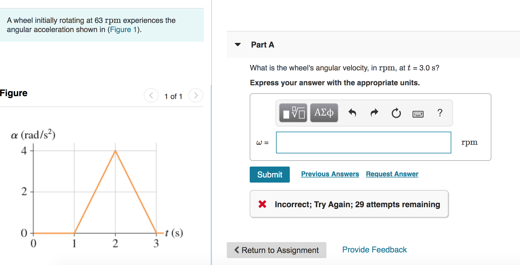 Solved A wheel initially rotating at 63 rpm experiences the | Chegg.com