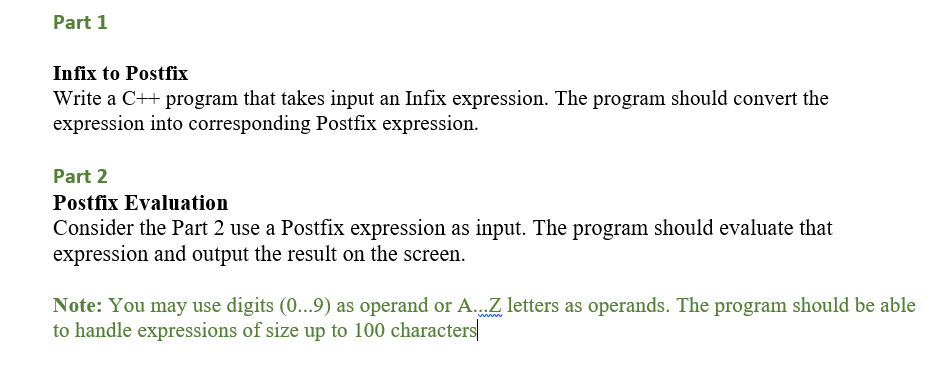 Solved Part 1 Infix to Postfix Write a C++ program that | Chegg.com