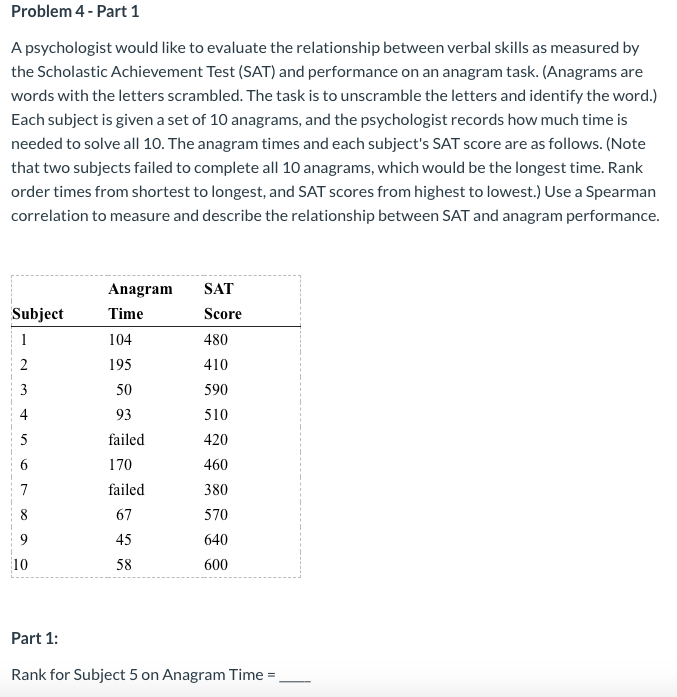 Part 2: SS anagram time= ? Part 3: SS SAT score= | Chegg.com