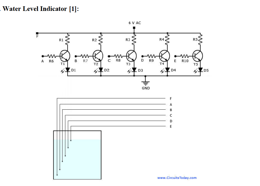 Solved Water Level Indicator [1]: 6 V AC MW R1 R2 R3 R4 R5 A | Chegg.com