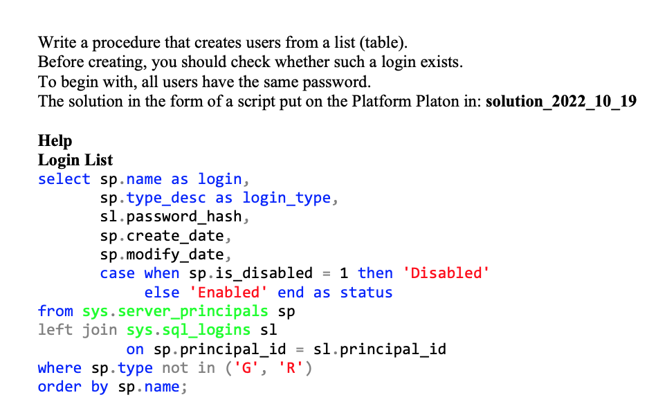 Solved Write a procedure that creates users from a list | Chegg.com