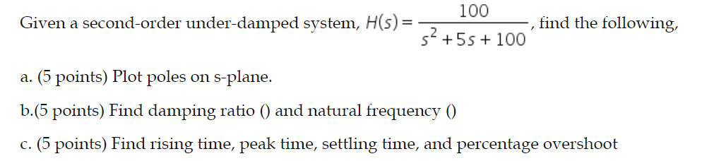 Solved 100 Given a second-order under-damped system, H(s) = | Chegg.com