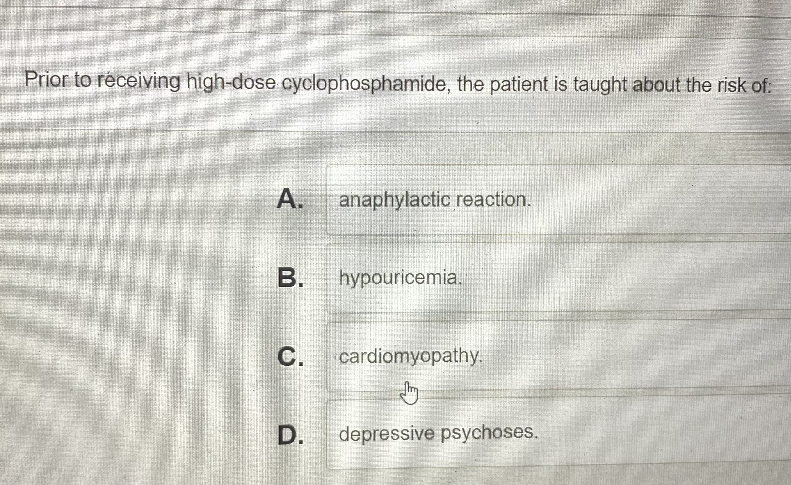 Solved Prior to receiving high-dose cyclophosphamide, the | Chegg.com