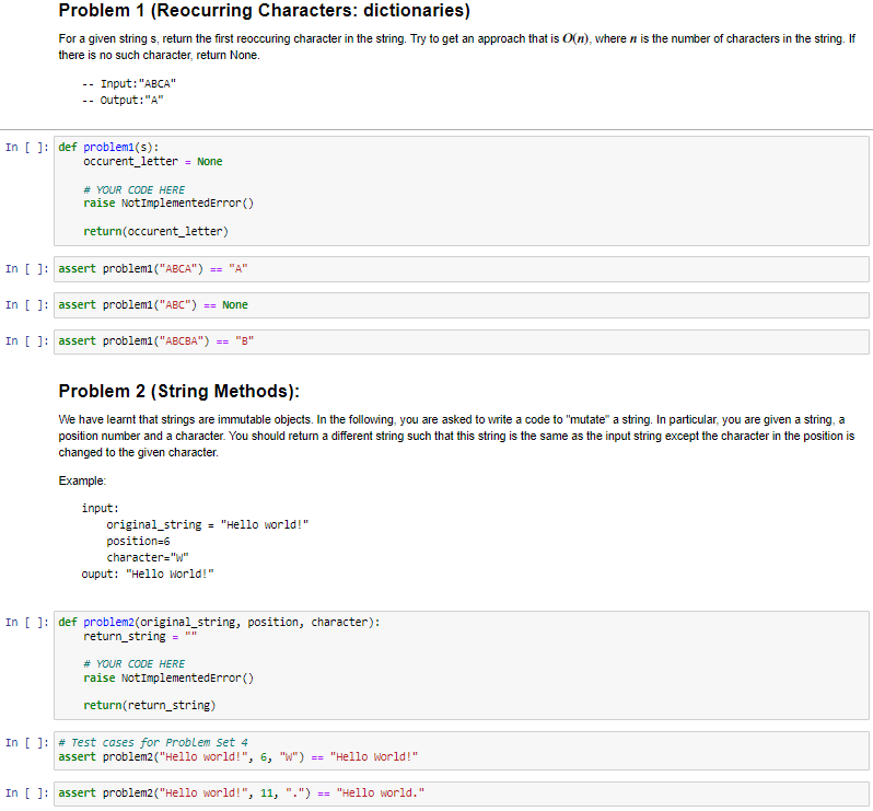 Solved Problem 1 (Reocurring Characters: dictionaries) For a | Chegg.com