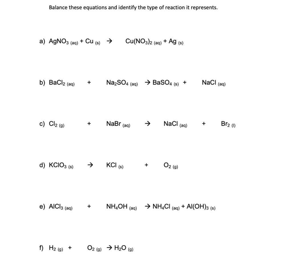 Solved Balance these equations and identify the type of | Chegg.com