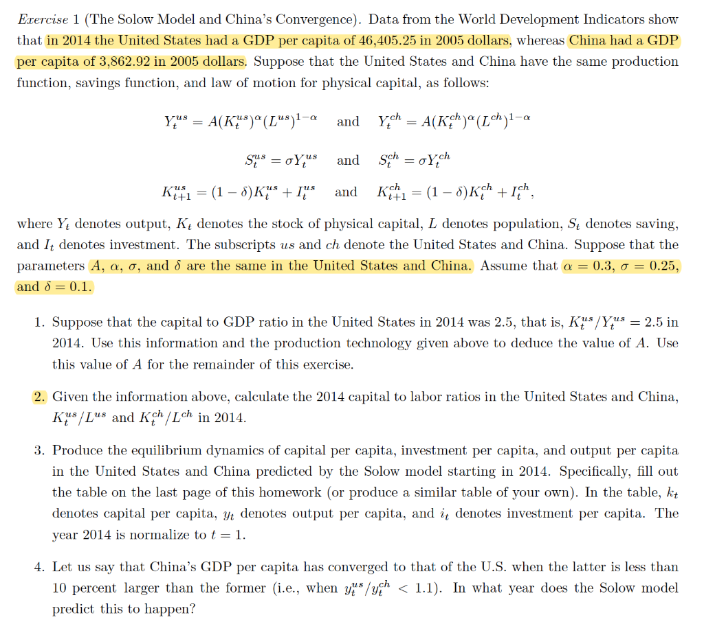 Solved Exercise 1 (The Solow Model and China's Convergence). | Chegg.com