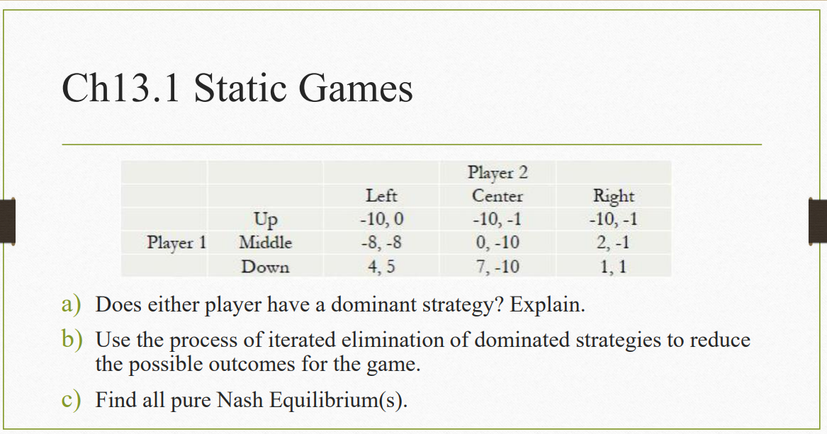 Solved Ch13.1 Static Games a) Does either player have a | Chegg.com