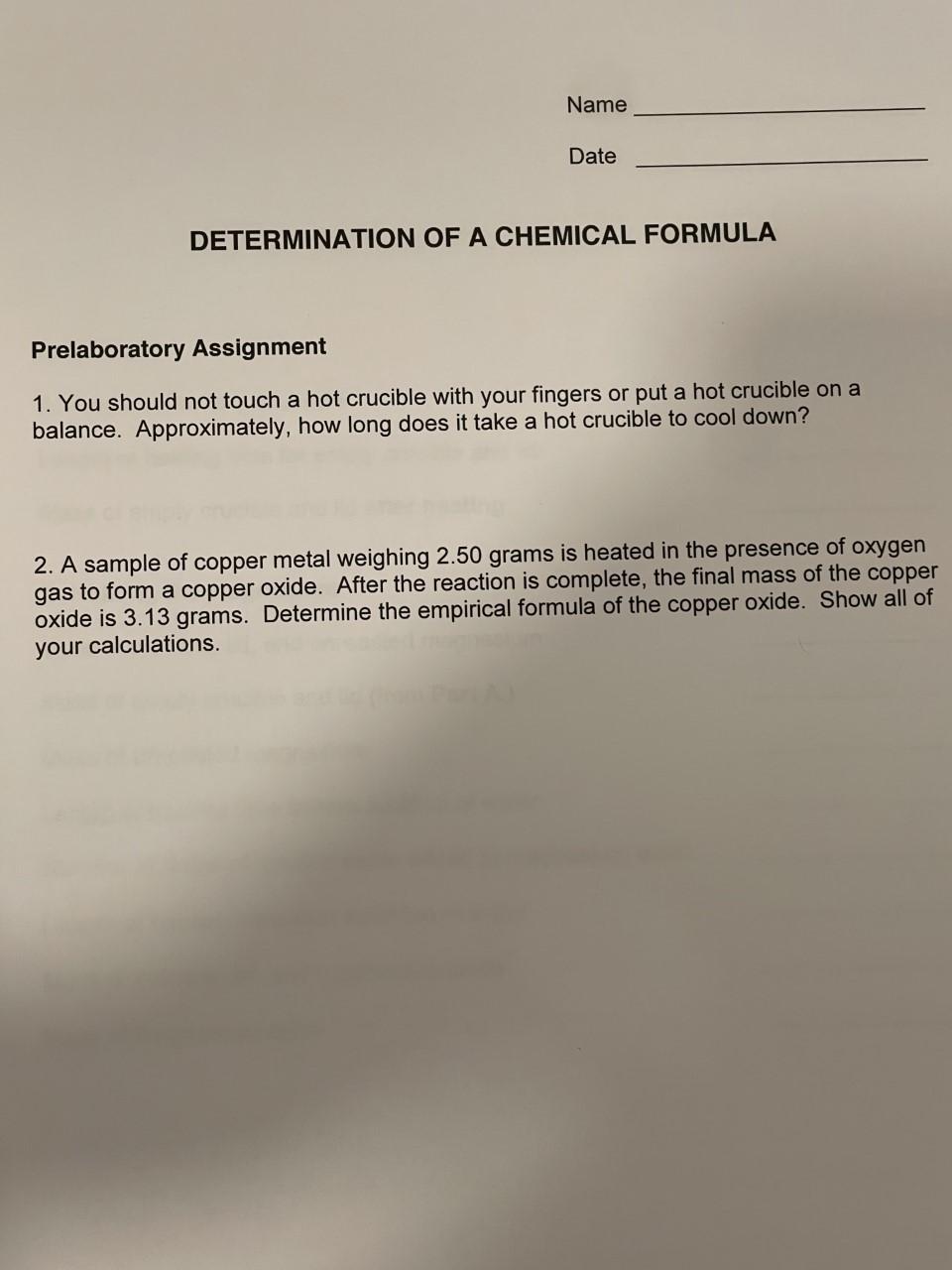 Solved DETERMINATION OF A CHEMICAL FORMULA Prelaboratory | Chegg.com