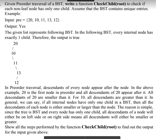 Solved Given Preorder traversal of a BST, write a function | Chegg.com