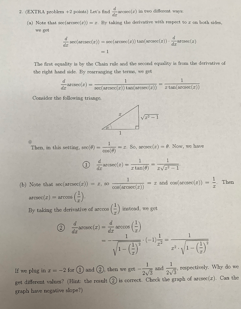 Solved 2. (EXTRA problem +2 points) Let's find arcsec(x) in | Chegg.com