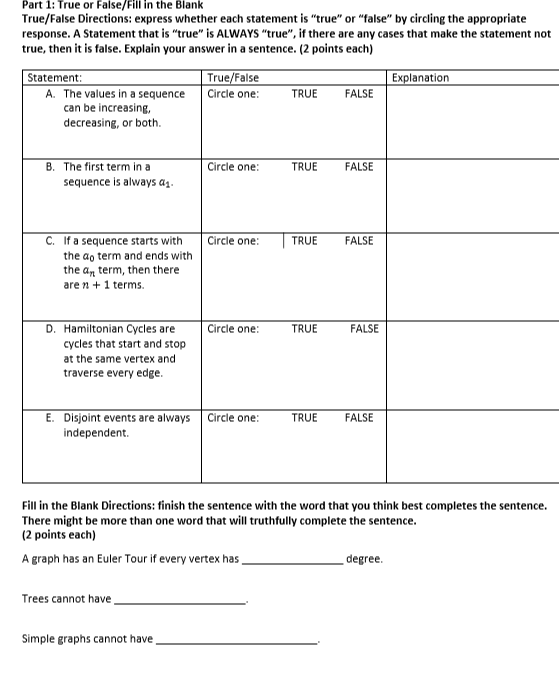 Solved Part 1: True or False/Fill in the Blank True/False | Chegg.com