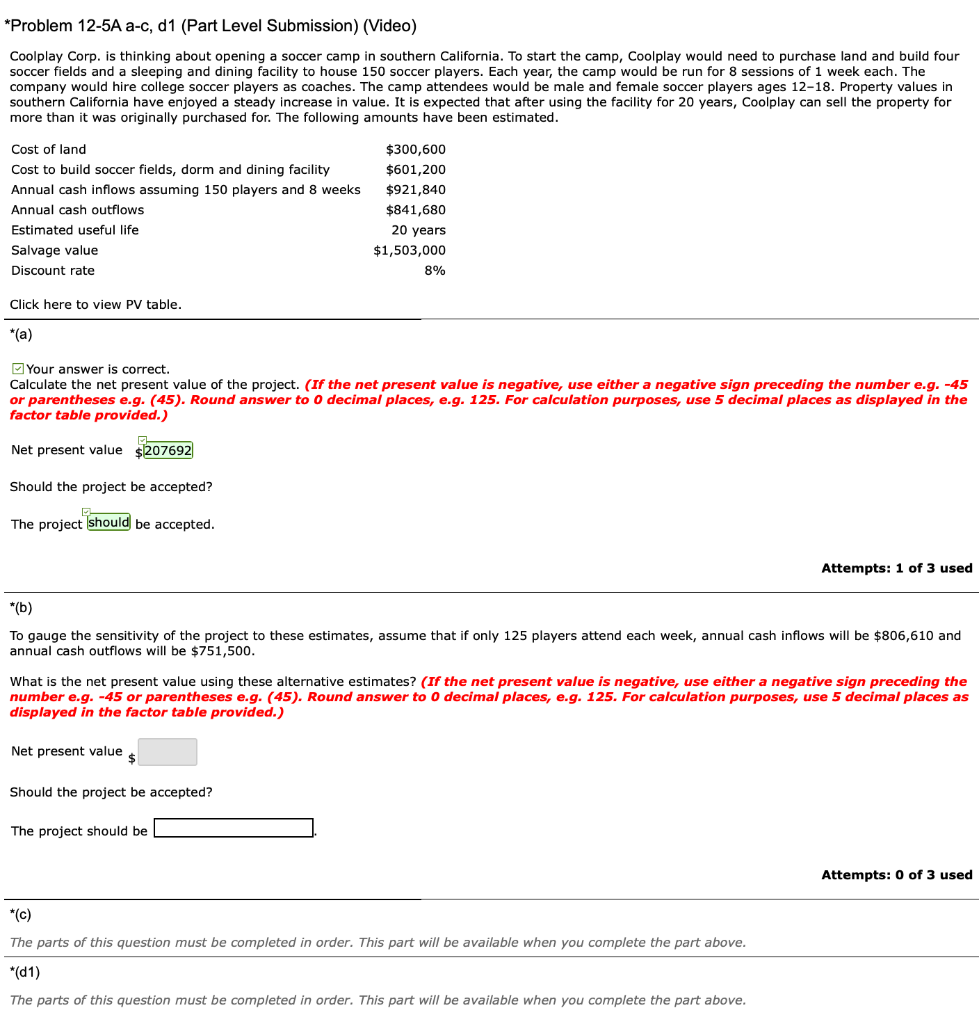 Solved *Problem 12-5A a-c, d1 (Part Level Submission) | Chegg.com