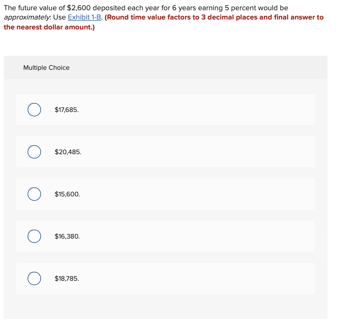 Solved The future value of $2,600 deposited each year for 6 | Chegg.com