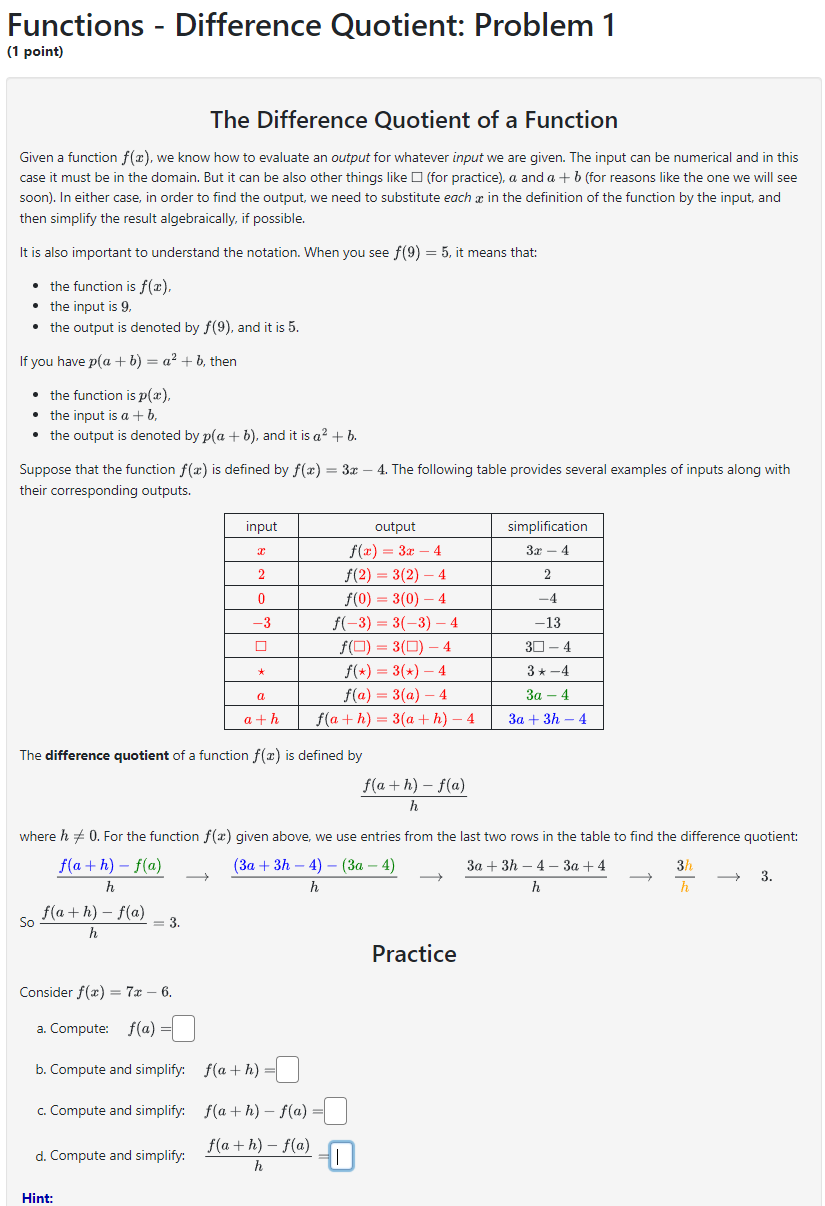 Solved Functions - Difference Quotient: Problem 1 (1 point) | Chegg.com