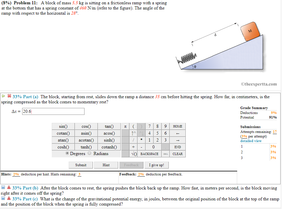 Solved (8%) Problem 11: A block of mass 5.5 kg is sitting on | Chegg.com