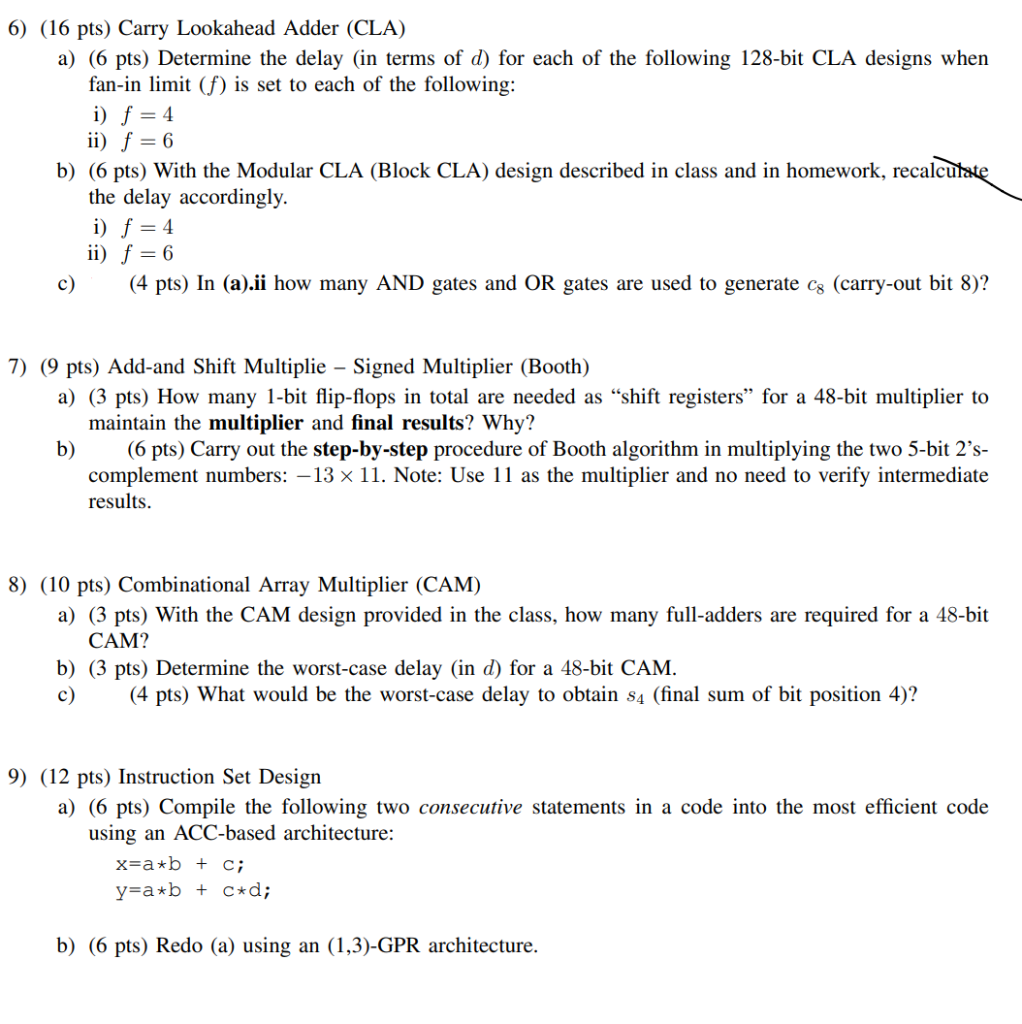 6) (16 pts) Carry Lookahead Adder (CLA) a) (6 pts) | Chegg.com