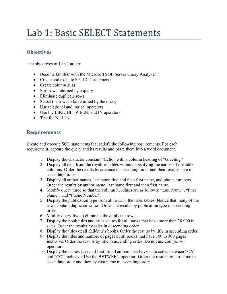 Lab 1: Basic SELECT Statements Objectives The | Chegg.com