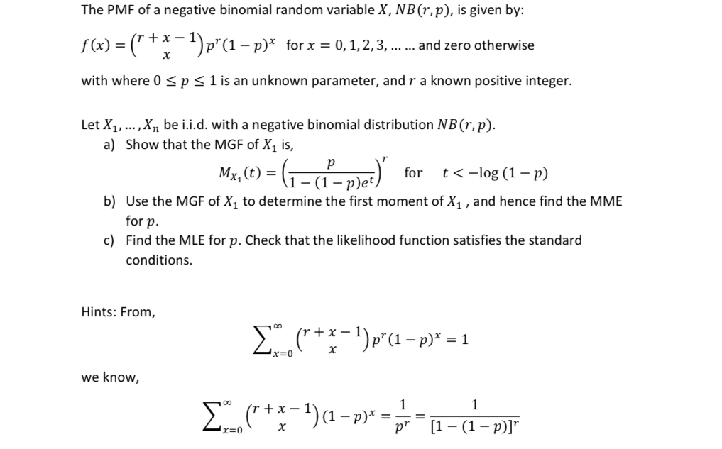 Solved The PMF of a negative binomial random variable | Chegg.com