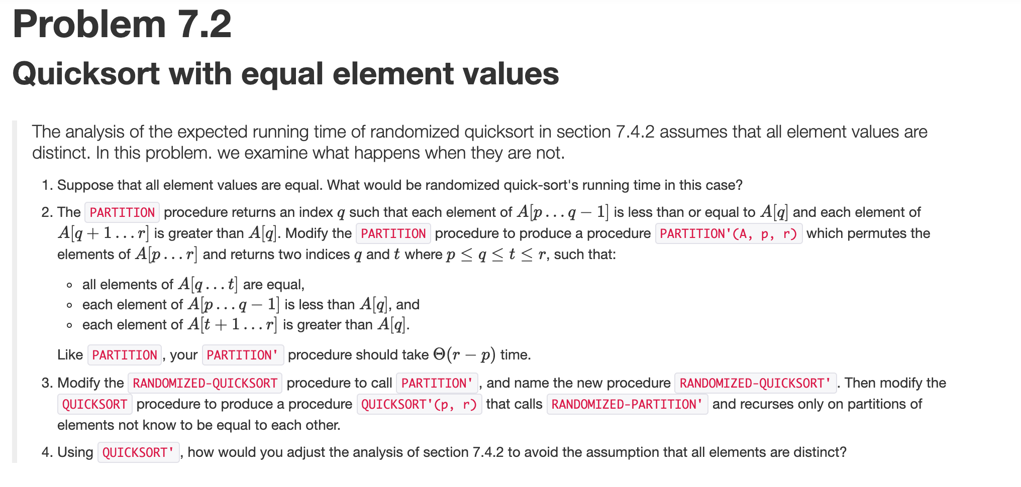Problem 7.2 Quicksort with equal element values The | Chegg.com