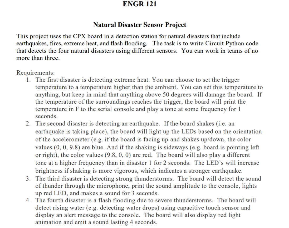 ENGR 121 Natural Disaster Sensor Project This project | Chegg.com