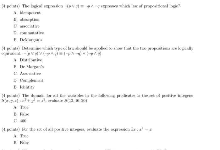 Solved (4 points) The logical expression -(p V q) = pA-q | Chegg.com