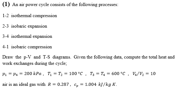 Solved (1) An air power cycle consists of the following | Chegg.com
