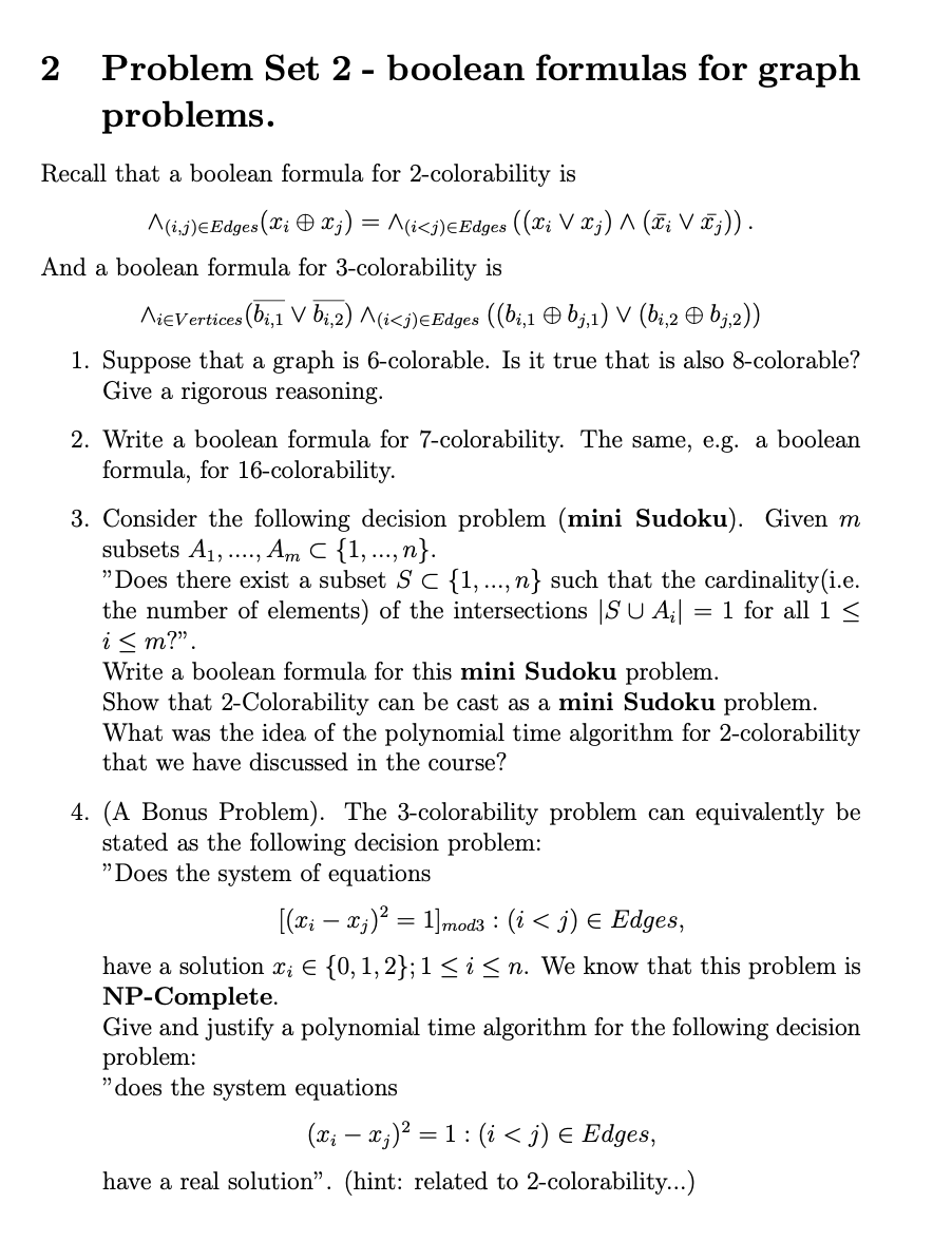 Solved 2 Problem Set 2 - boolean formulas for graph | Chegg.com