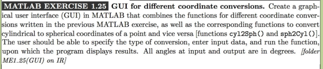 Solved MATLAB EXERCISE 1.25 GUI for different coordinate | Chegg.com