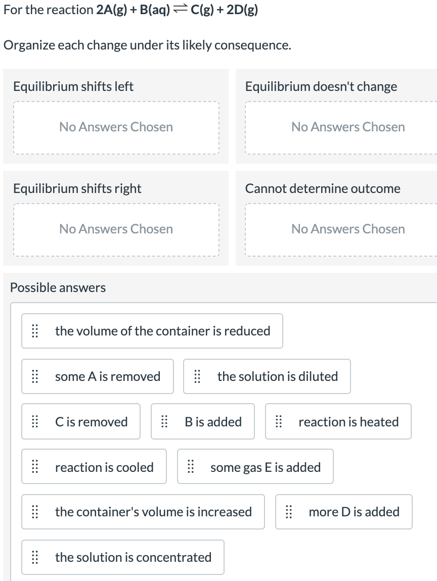 Solved For the reaction 2A(g) + B(aq) = C(g) + 2D(g) | Chegg.com