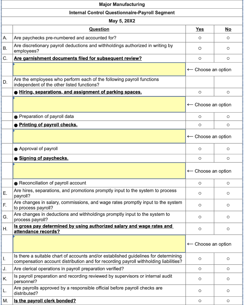 Solved Major Manufacturing Internal Control | Chegg.com
