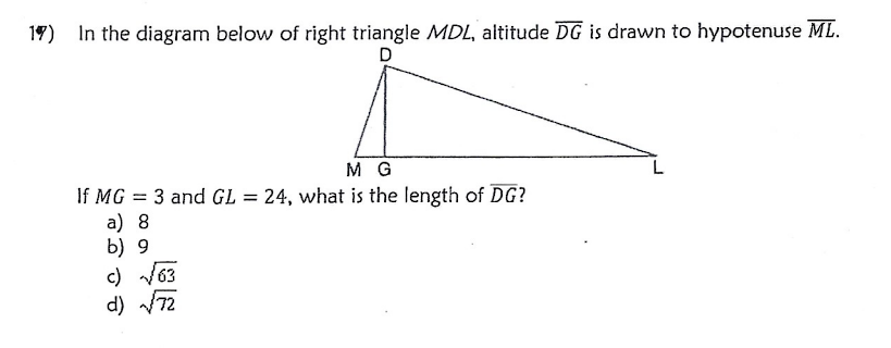 Solved In the diagram below of right triangle MDL, ﻿altitude | Chegg.com