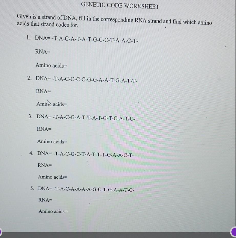 Solved GENETIC CODE WORKSHEET Given is a strand of DNA, fill | Chegg.com