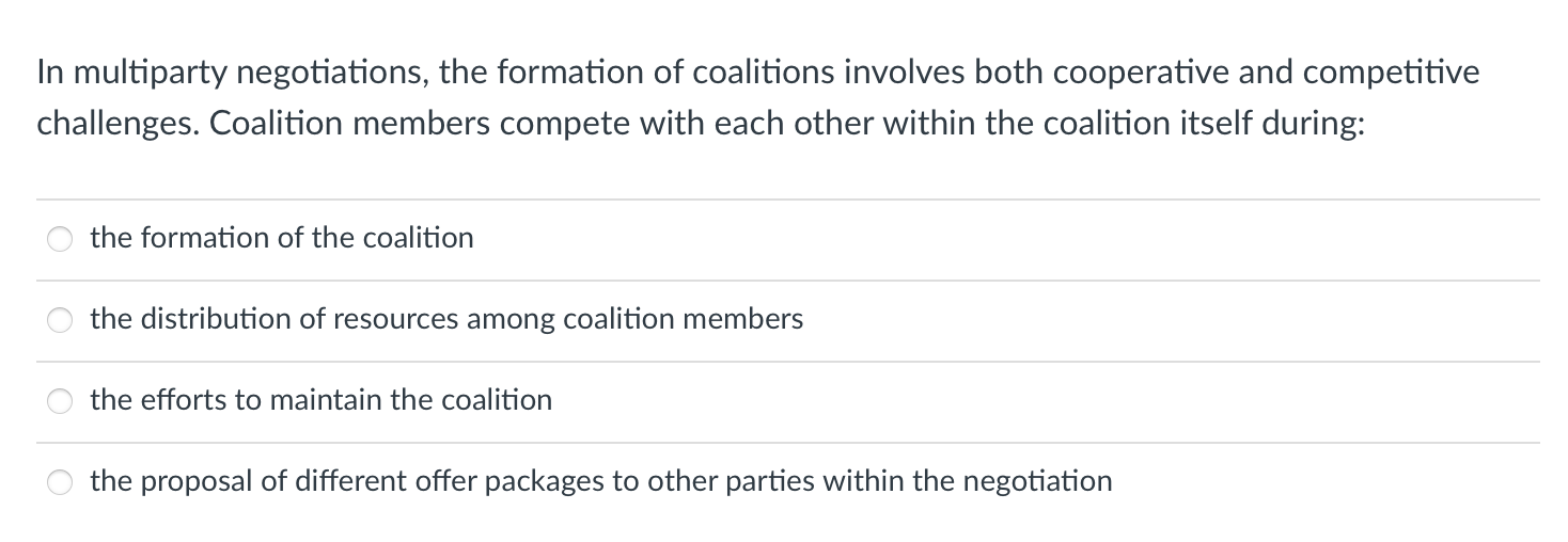 Solved In multiparty negotiations, the formation of | Chegg.com