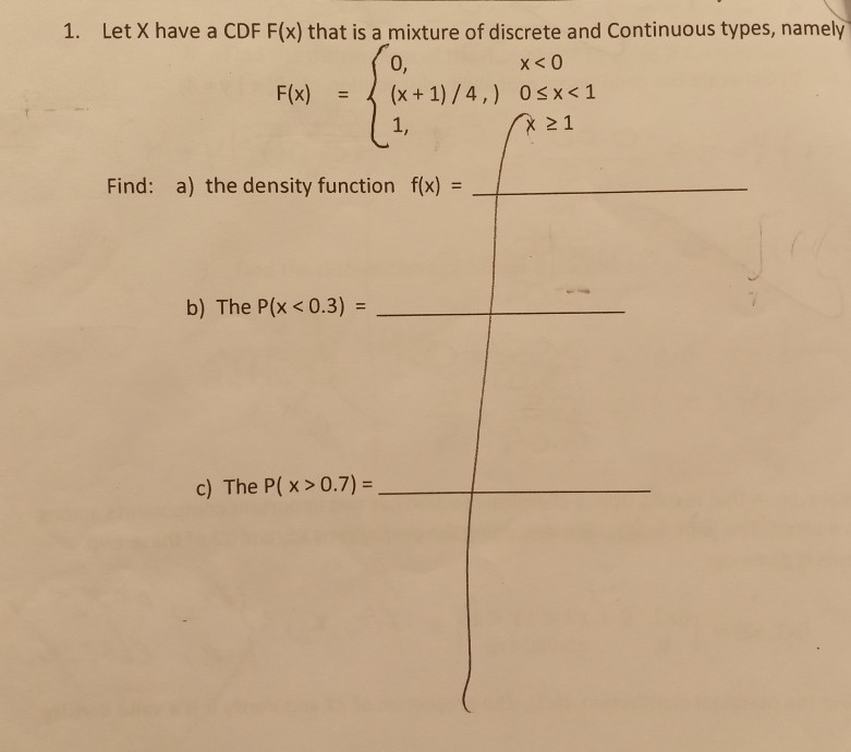 Solved 0, 1. Let X have a CDF F(x) that is a mixture of | Chegg.com