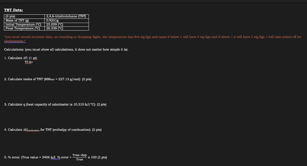 Solved TNT Data: (3 pts) 2,4,6-trinitrotoluene (TNT) Mass of | Chegg.com