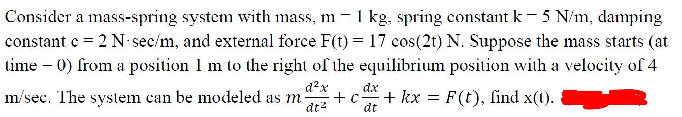Solved Consider a mass-spring system with mass, m=1 kg, | Chegg.com