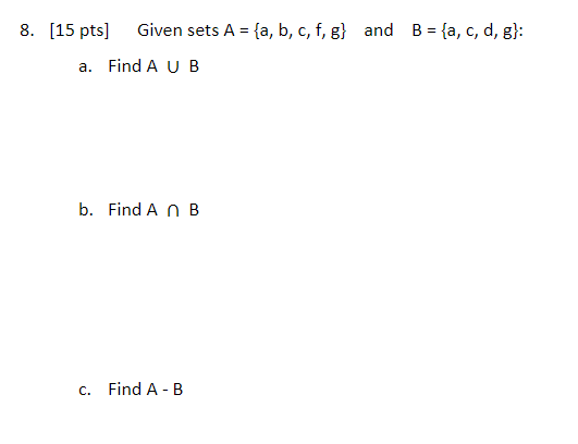 Solved [15 ﻿pts] ﻿Given sets A={a,b,c,f,g} ﻿and B={a,c,d,g} | Chegg.com