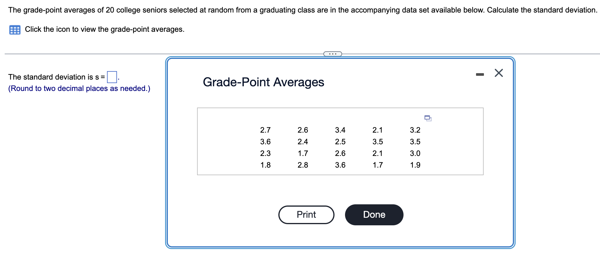 Solved The grade-point averages of 20 college seniors | Chegg.com