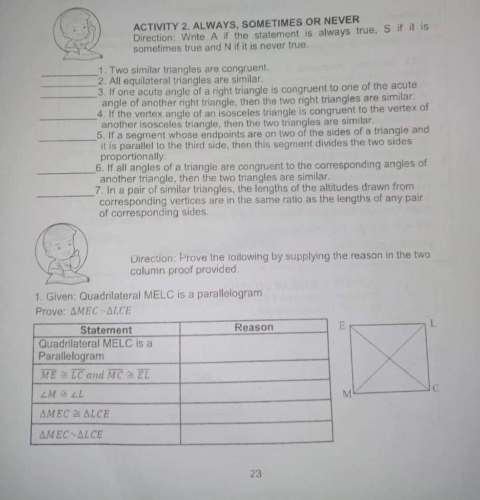 Solved ACTIVITY 2. ALWAYS, SOMETIMES OR NEVER Direction: | Chegg.com