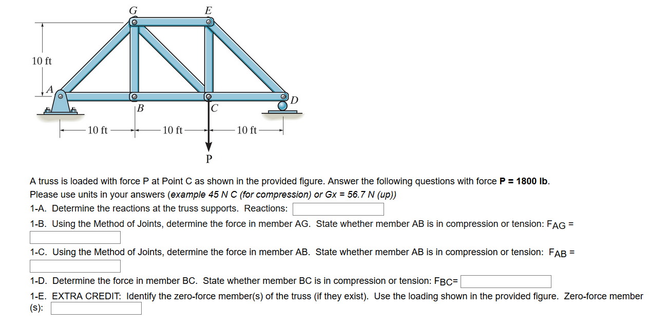 Solved 10 ft B C 10 ft T 10 ft 10 ft P A truss is loaded | Chegg.com