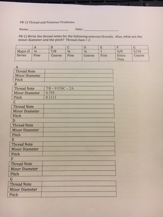 P8-1) Thread and Fastener Problems Name: P8-1) Write | Chegg.com