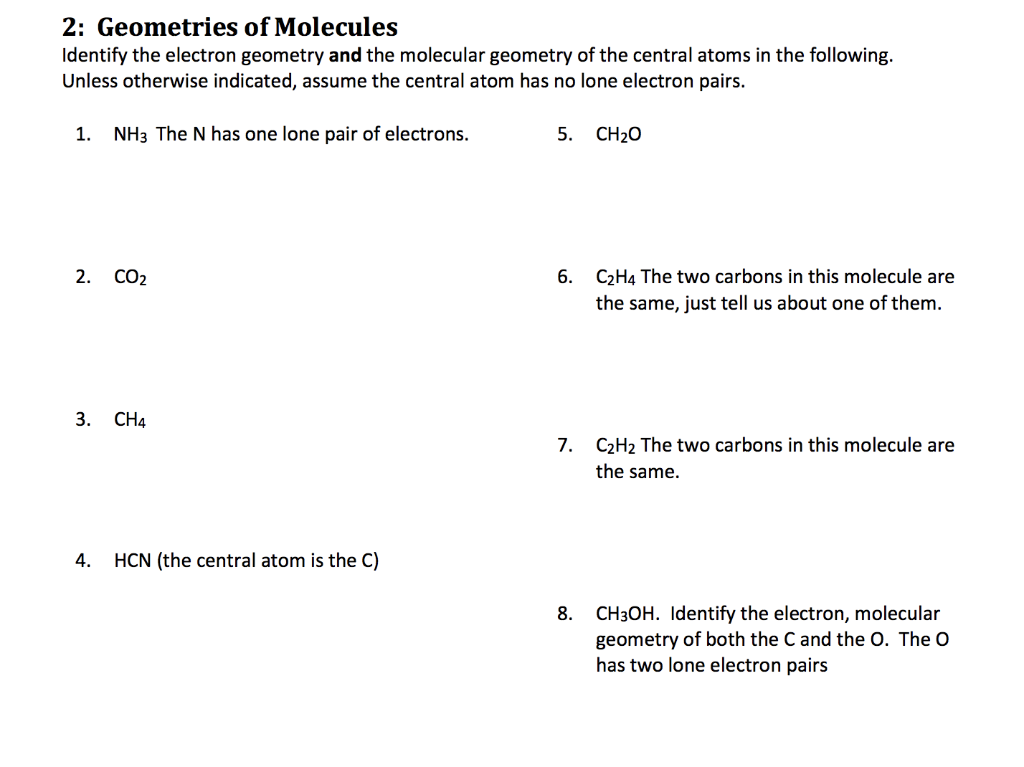 Solved 2: Geometries of Molecules Identify the electron | Chegg.com