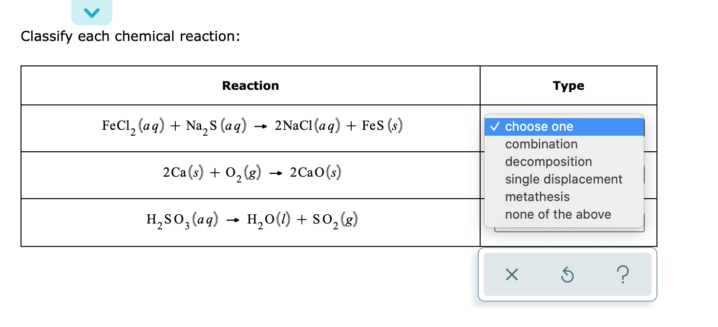Solved Classify each chemical reaction: Reaction Type FeCl2 | Chegg.com