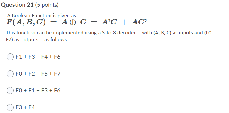 Solved Question 21 (5 points) A Boolean Function is given | Chegg.com