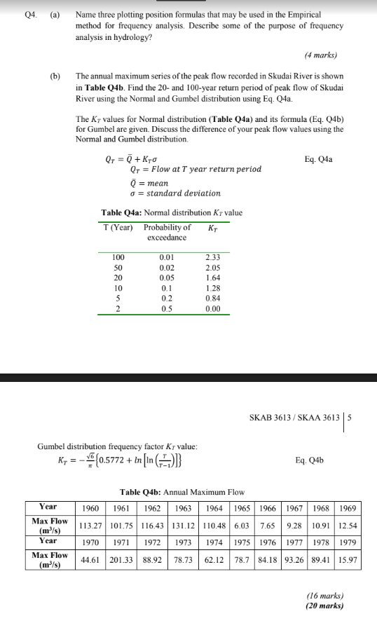 Solved 04. (a) (b) Name three plotting position formulas | Chegg.com